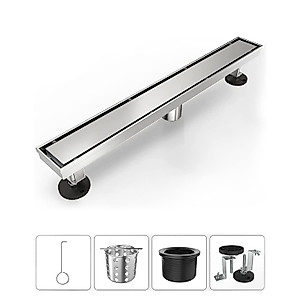 HTOH Shower Drain, 2 in 1 Linear Shower Drain 24 Inch(Brushed Nickel), 304 Stainless Steel Shower Floor Drain with Tile Insert Grate,Adjustable Feet,Hair Filter