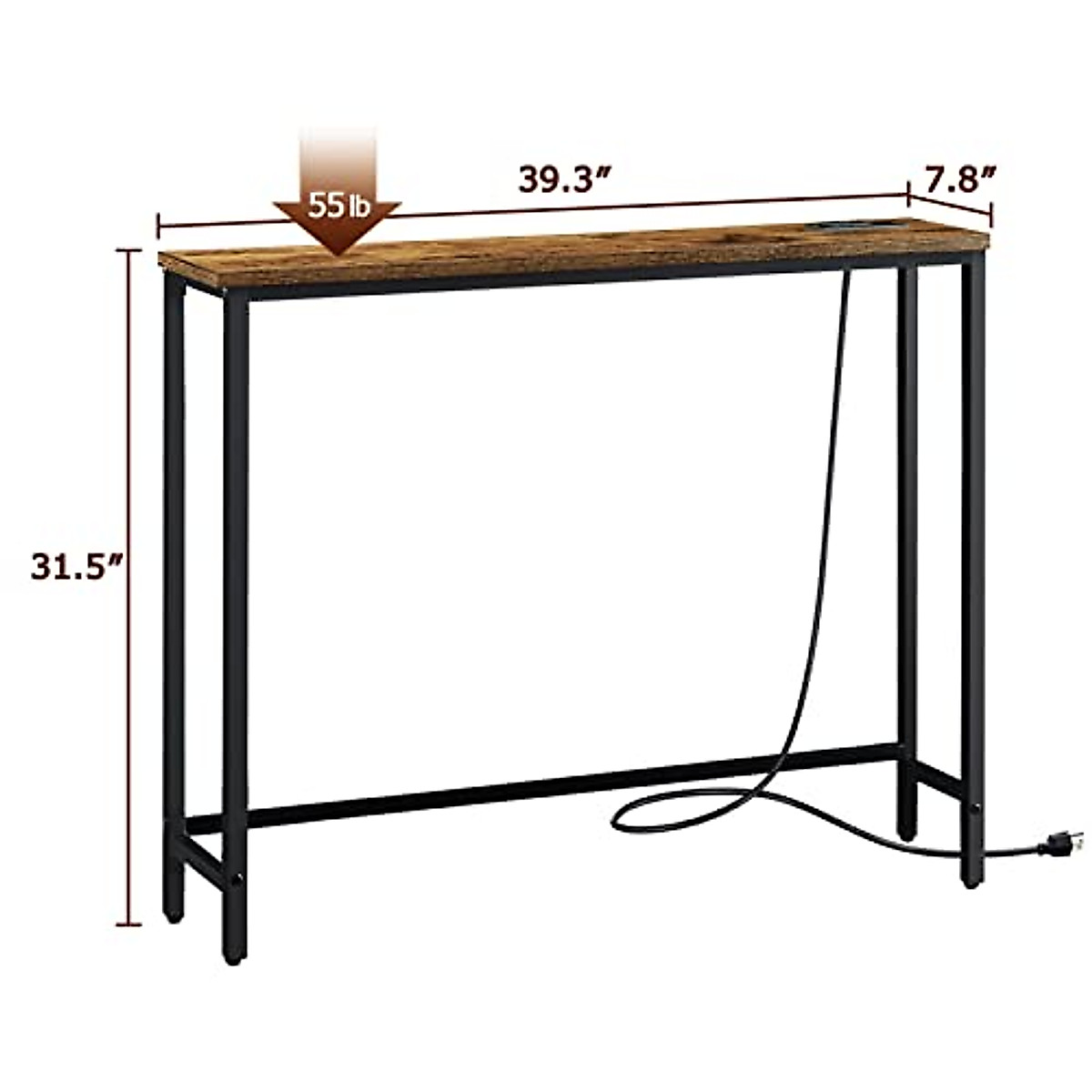 SUPERJARE Console Table with Power Outlets & USB Ports, Narrow Entryway Table, 39.3 Inches Sofa Table with Steel Frame for Hallway, Living Room, Entryway, Foyer - Rustic Brown