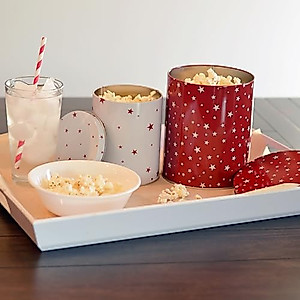 WHW Whole House Worlds 2 Piece Red and White Cookie Tin Set With Detachable Lids, Merry Star Pattern, Cylinders, 5 and 6.25 Inches Tall