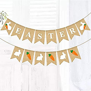 Burlap Easter Banner Easter Bunny Banner Easter Decorations Burlap Bunting Photo Props for Spring Themed Party Favors Supplies, Happy Easter Day Home Decor for Mantle Fireplace