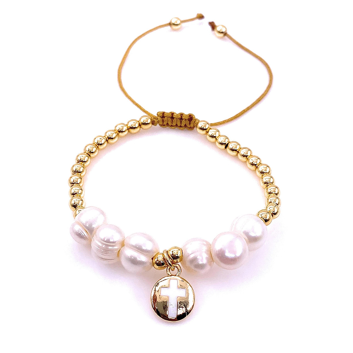 LESLIE BOULES 18K Gold Plated Round Cross Pendant Baroque Bracelet for Women Catholic Jewelry