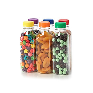 (6) 16 oz. Clear Food Grade Square Plastic Juice Bottles with Tamper Evident Caps 6/pack (Mixed Lids)