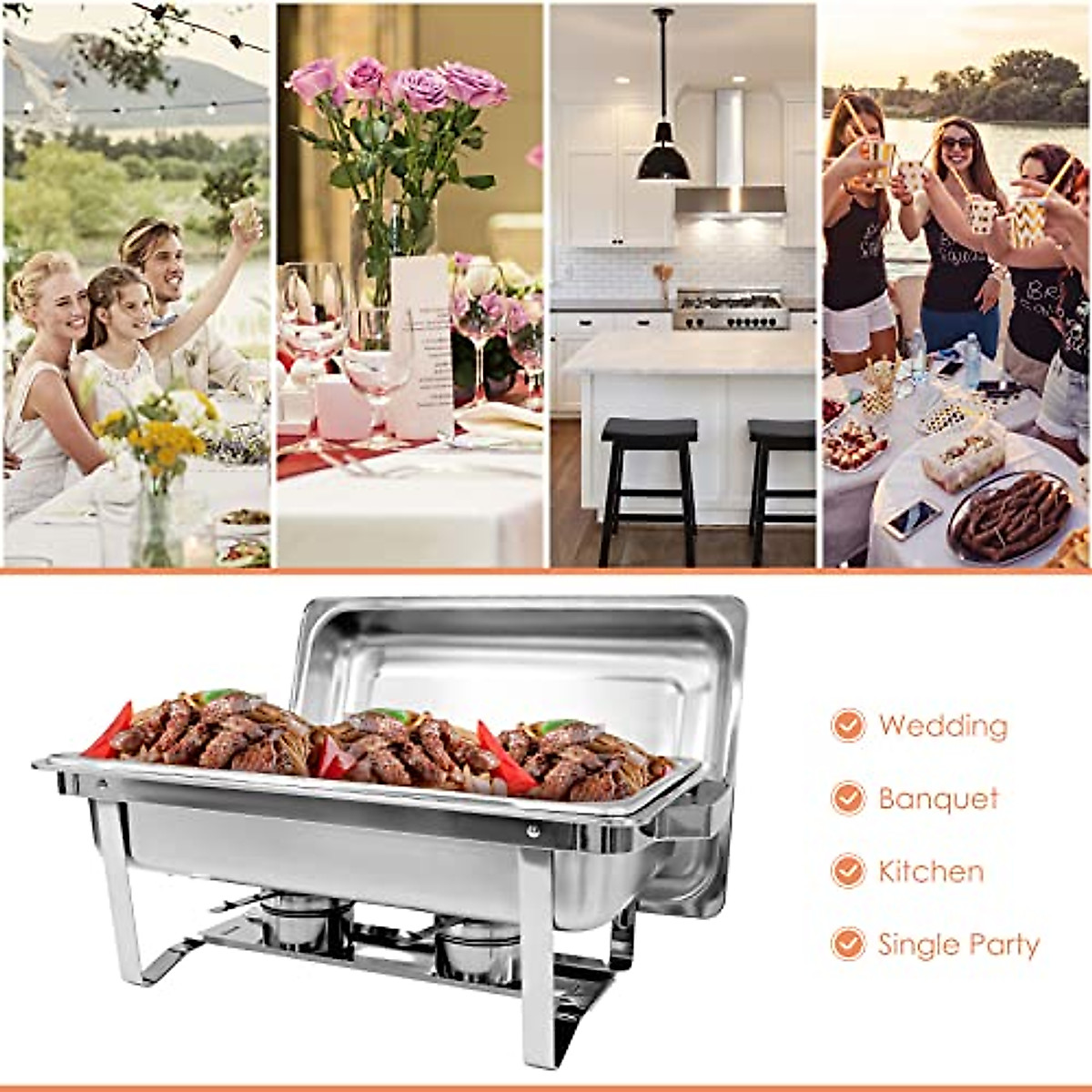 GRANDMA SHARK 4 Packs 8QT Stainless Steel Rectangular Chafing Dishes Sets with Alcohol Furnace for Catering Buffet Warmer Set Chafing Dish Buffet Set Food Warmers for Parties with Folding Frame