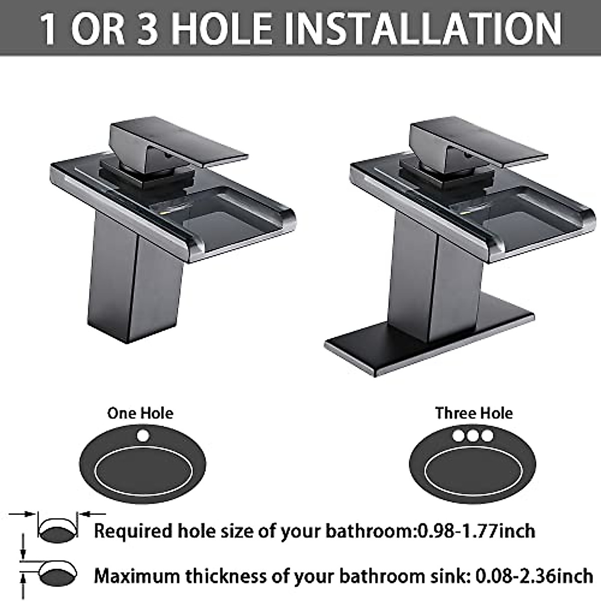 AVSIILE LED Bathroom Sink Faucet, Matte Black Waterfall Single Hole Handle RV Bath Vanity Faucets for Sinks 1 Hole with Metal Pop Up Drain and 2 Water Supply Lines, Open Glass Spout