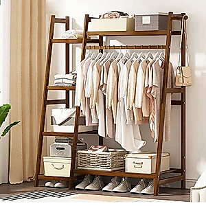 ZZBIQS Bamboo Clothing Rack with Shelves Ladder Clothes Hanger Rack Heavy Duty Freestanding Coat Closet Garment Rack for Hanging Clothes /Folding Clothes/Shoes, 43.3" L x 15.7" W x55.1 H