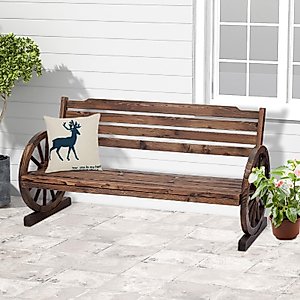 JSUN7 Wagon Wheel Bench Outdoor - 55 Inches Wooden Outdoor Garden Bench Seat with Backrest, Outdoor Bench Patio Furniture, Rustic Brown Bench for Porch Yard Lawn Patio
