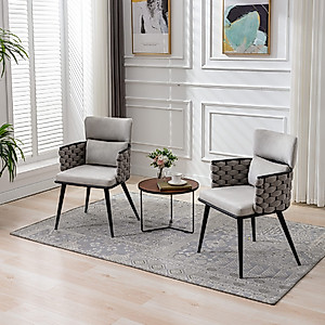 BFZ Mid-Century Modern Dining Chairs Set of 2, Handmade Woven Kitchen Chairs, Upholstered Velvet Dining Chairs with Metal Legs for Kitchen, Dining Room, Living Room