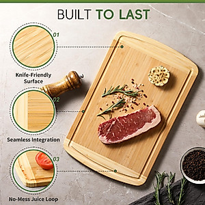 Large Wooden Cutting Board for Kitchen Meal Prep & Serving - Bamboo Cutting Boards with Juice Groove Side Handles, Charcuterie & Chopping Butcher Block - 100% Organic Bamboo, Pre Oiled, 16" x 10"