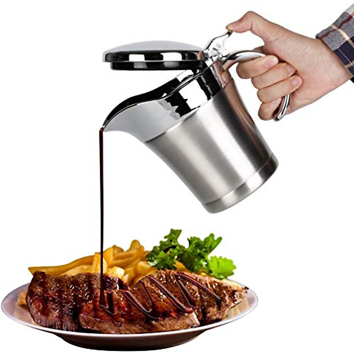Stainless Steel Double Insulated Gravy Boat/Sauce Jug - with Hinged Lid,16Oz