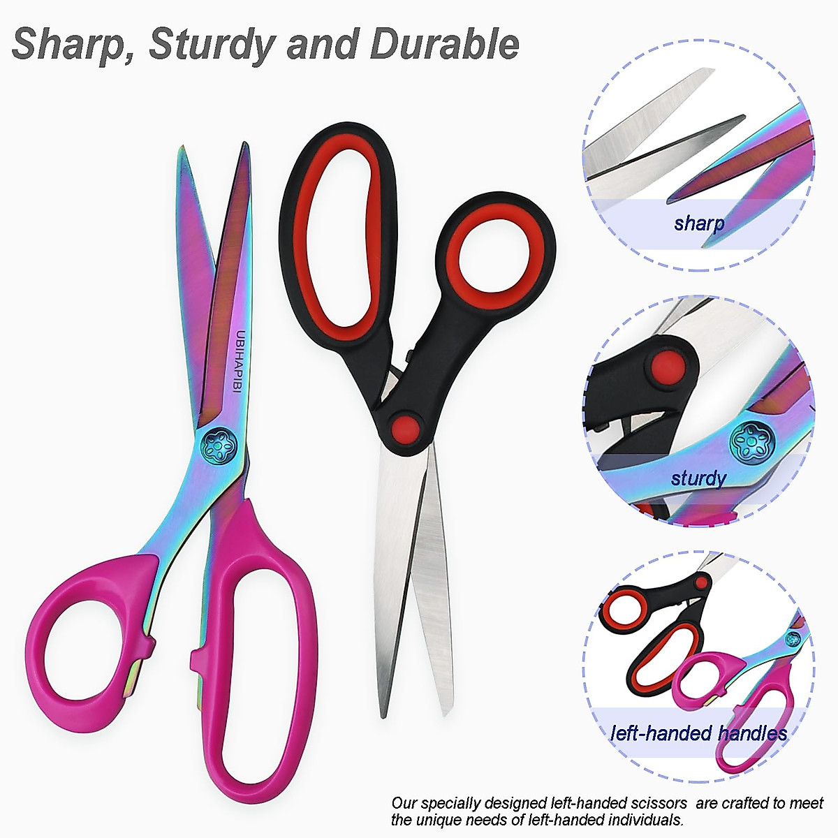 Left Handed Scissors Set - 2-Pack (9" Heavy Duty Titanium Coating Fabric Shears & 8" All Purpose Scissors) for Sewing/Crafting/School/Office Use, Great for Arts/Crafts/Leather/Paper, Left Handed Gifts