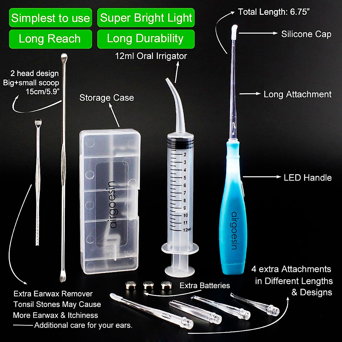 Airgoesin Upgraded 2 Lighted Tonsil Stone Remove Tool Tonsillolith Pick + Irrigation Clean Syringe Fresh Breath Oral Rinse