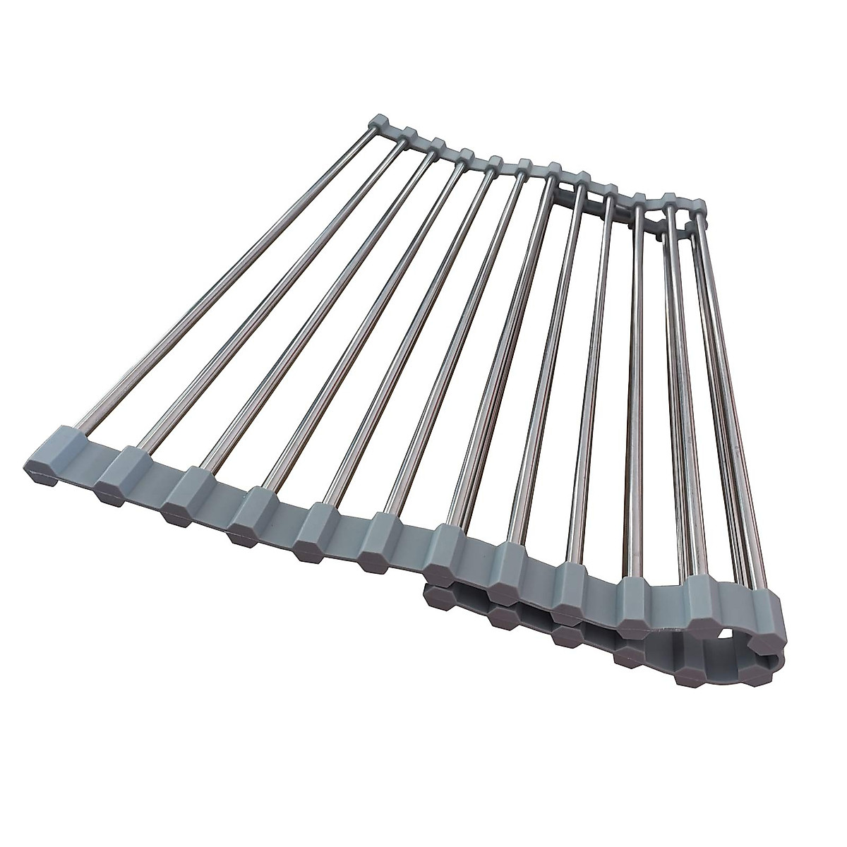 Roll Up Dish Drying Rack 14.5”(L) x 14”(W) Stainless Steel and Silicone Dish Drying Mat Over The Kitchen Sink Foldable Drain Rack Multipurpose Dish Drainer Fruits and Vegetable Rinser (Gray)