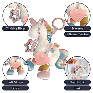 Itzy Ritzy Link & Love Toy for Stroller or Car Seat; Features Textured Ribbons, Crinkle Sounds, Clinking Rings & Silicone Teether; Designed For Ages 0 Months and Up (Unicorn)