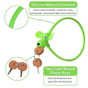 WOOQOTT Cable Lock Bike Cable Lock with Keys,Silicone Covered Bike Lock Kids Cable Lock Cartoon Lock,Lock for Bike,Door,Skateboard,Helmet and More Green