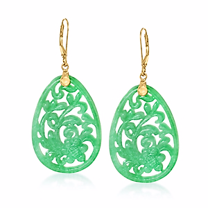 Ross-Simons Carved Jade Floral Drop Earrings in 14kt Yellow Gold