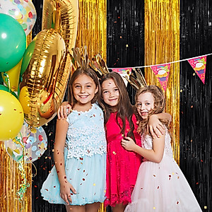 Black Gold Metallic Tinsel Foil Fringe Curtains, 2 Pack 3.3x8.3 Feet Party Streamer for Birthday Party Decorations, Halloween Decor, Foil Curtain Backdrop for Bachelorette Party