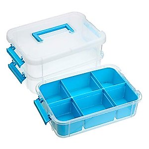 JUXYES 3-Tiers Stack Carry Storage Box With Divided Tray, Transparent Stackable Storage Bin With Handle Lid Latching Storage Container for School & Office Supplies (Blue)