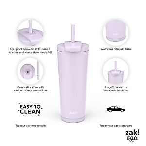 Zak Designs Beacon Straw Tumbler for Travel or At Home, 24oz Stainless Steel with Vacuum Insulated and Non-Skid Base (Smoky Lilac Purple)