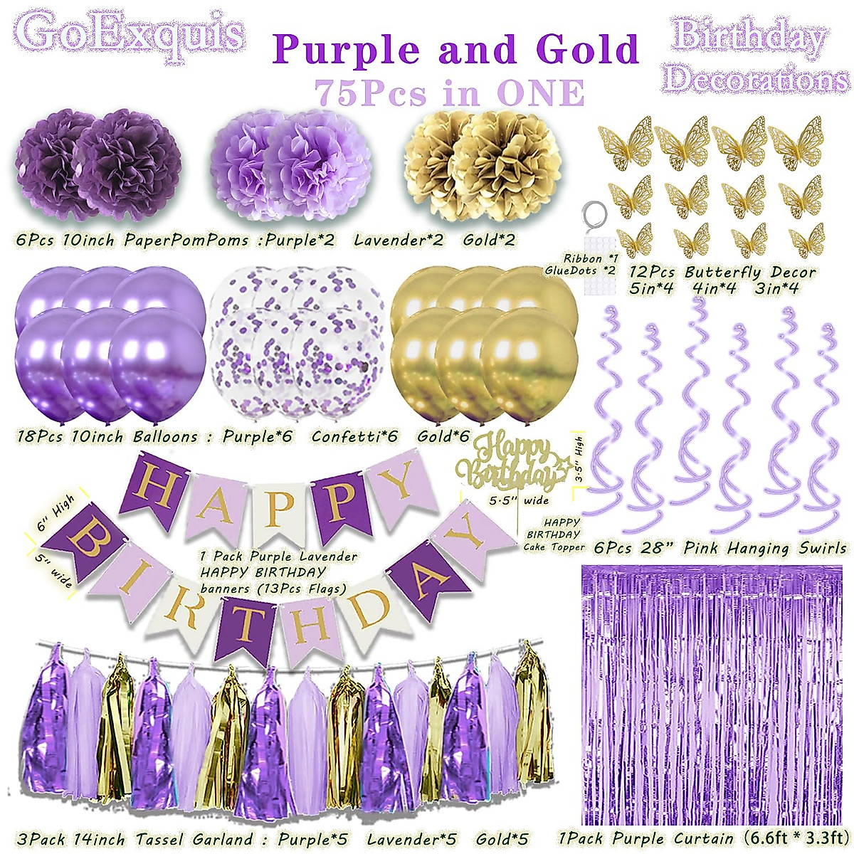GoExquis Purple Violet Gold Birthday Decorations for Women Girls Butterfly Decor Cake Topper Hanging Swirls Foil Curtain Tassel Garlands Paper Pom Poms Happy Birthday Banner Balloons