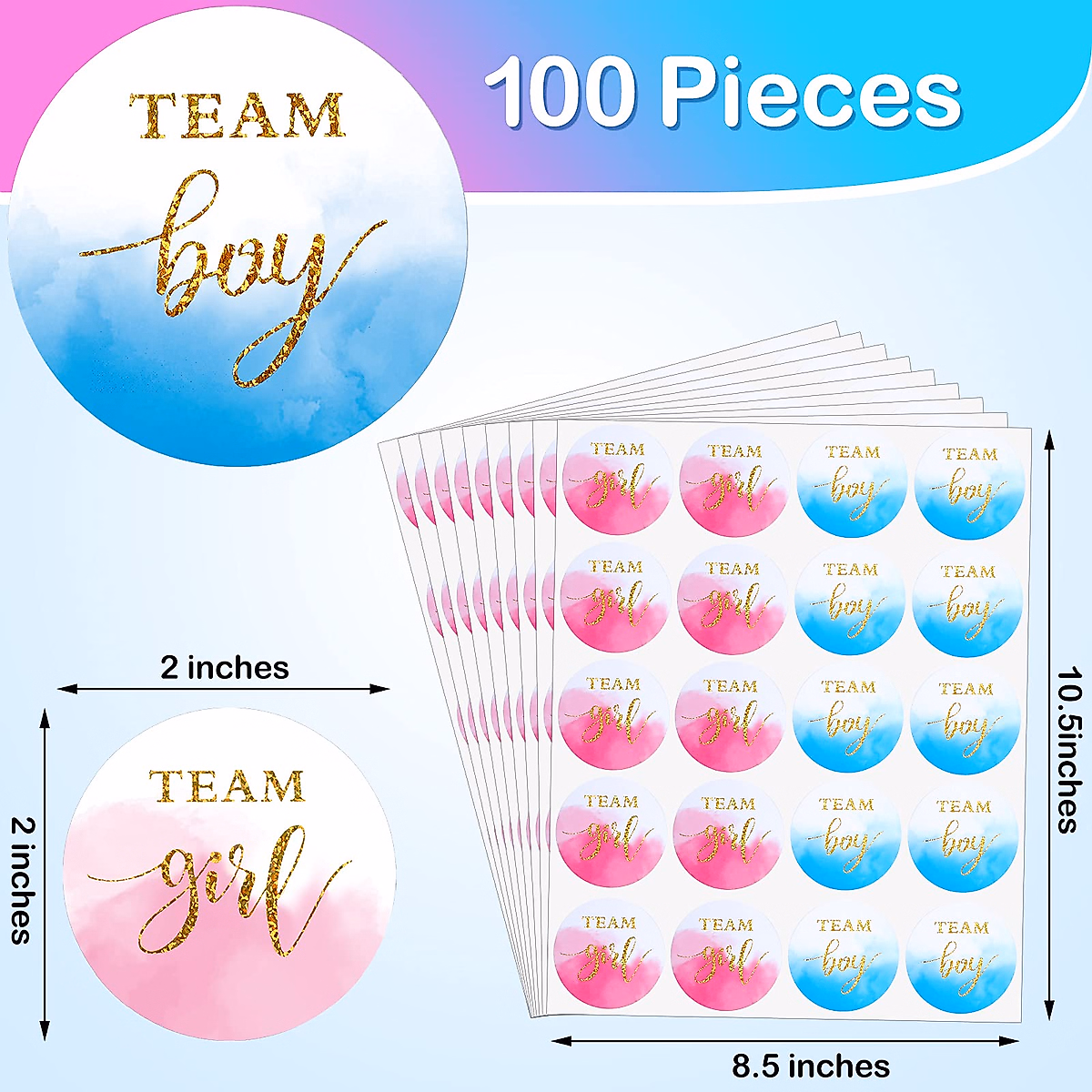 Lincia 100 Pieces Gold Watercolor Gender Reveal Stickers 2 Inches Gold Glitter Team Boy Team Girl Labels Pink and Blue Stickers for Gender Reveal Parties, Baby Showers, Party Invitations