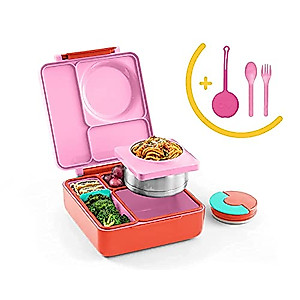 OmieBox Deluxe Bundle Set - Insulated Bento Lunch Box With Thermos PLUS Reusable Fork and Spoon with Case - (Pink)