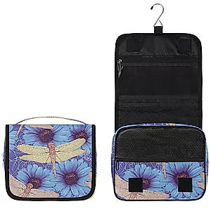 POFATO Dragonfly Blue Flower Travel Toiletry Bag Cosmetic Makeup Bag for Women Men Hanging Hook Wash Toiletries Portable Toiletry Bags Organizer