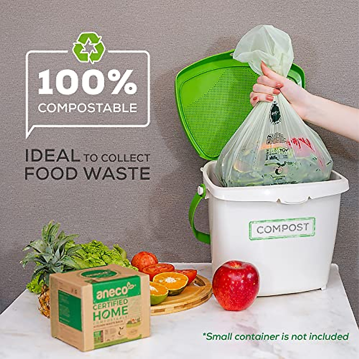ANECO 100% Compostable Trash Bags 2.6 Gallon, Extra Thick Kitchen Small Compost Bags for Countertop Bin (100 Count)