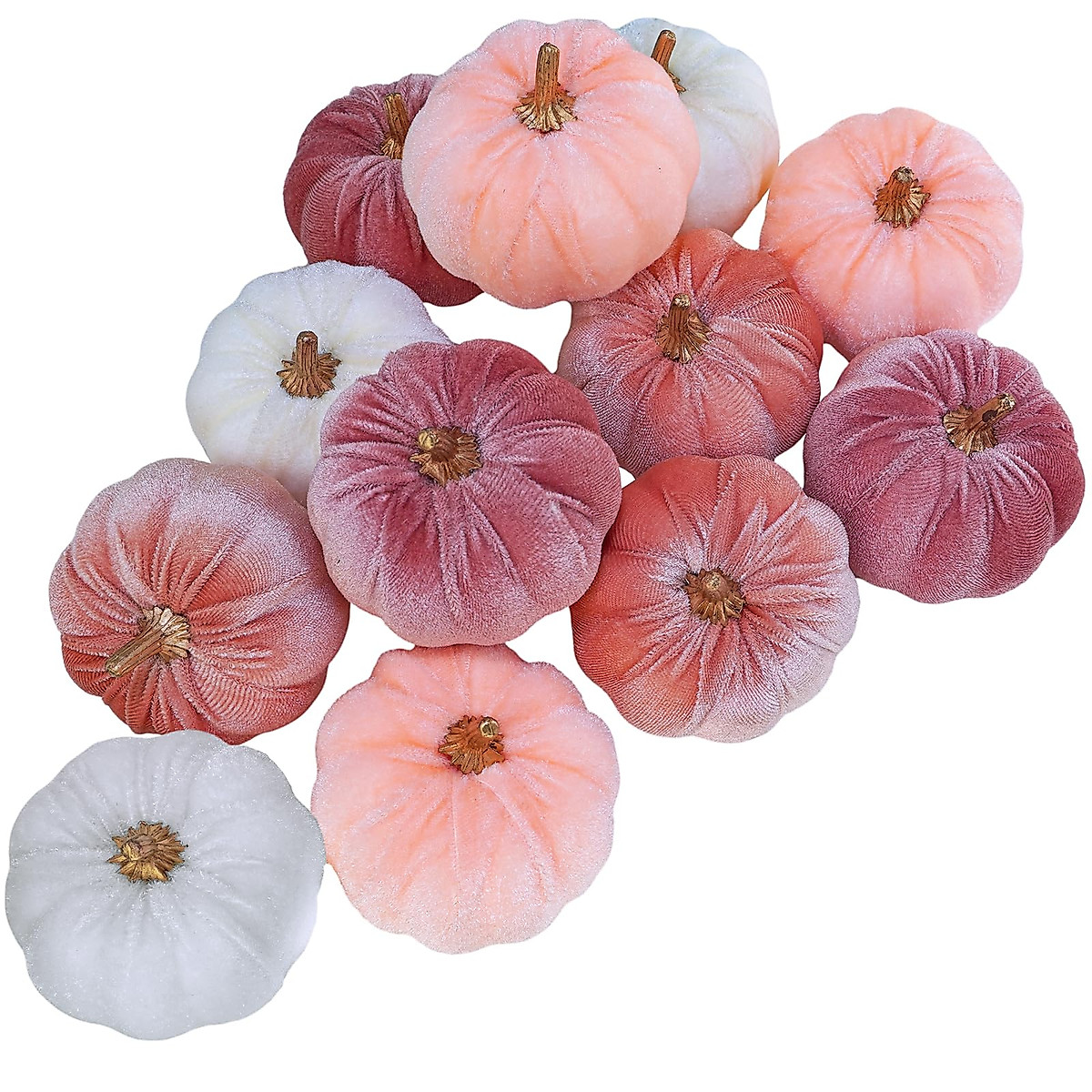 Winlyn 12 Pcs Small Rustic Faux Velvet Pumpkins Decorative Blush Coral Pink Peach Ivory Fabric Pumpkins Foam Pumpkins 3" for Fall Wedding Bbay Shower Thanksgiving Halloween Table Centerpiece Décor
