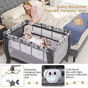 Costzon 3 in 1 Pack and Play with Bassinet, Portable Baby Playard with Changing Table, Bassinet, Music Box, Whirling Toys, Wheels/Brake, Large Basket, Bag, Foldable Travel Crib for Indoor Outdoor