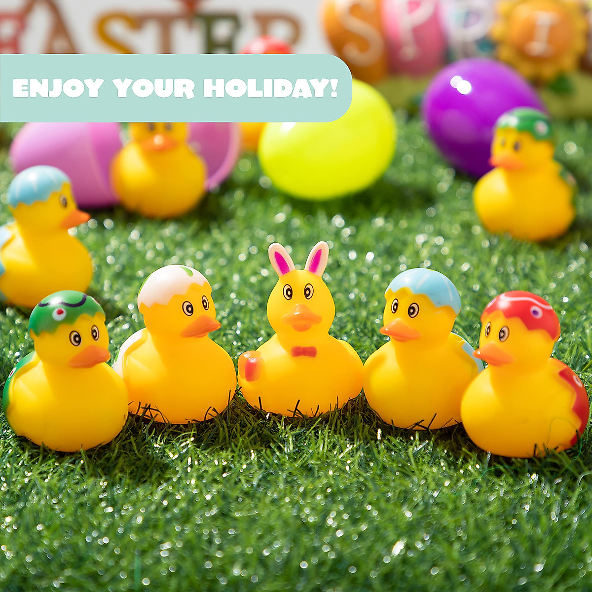 JOYIN 12 PCS Filled Easter Eggs with Rubber Duck and Rabbit Duckies, Bright Colorful Prefilled Easter Eggs for Kids Fun Bath Toys, Basket Stuffers and Party Favors