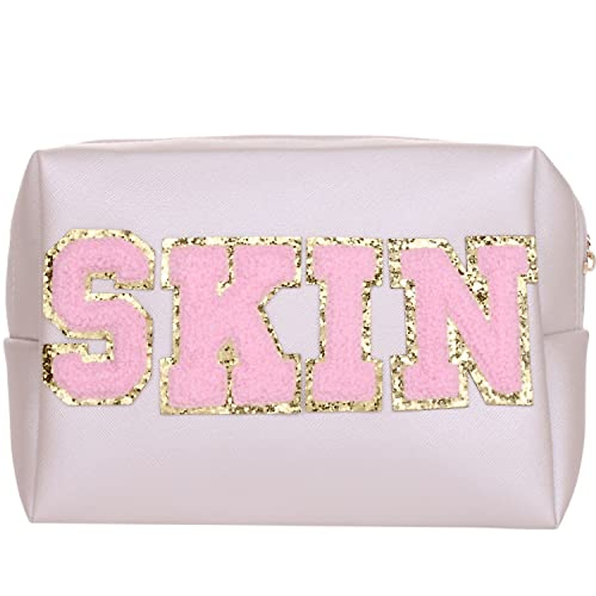 CRUOXIBB Preppy Patch Cosmetic Toiletry Bag for Women SKIN Letters PU Leather Portable Makeup Bag Zipper Pouch Storage Purse Waterproof Organizer for Travel (Shell Gold)