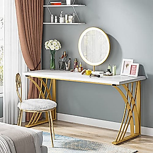 LITTLE TREE 55’’ Large Modern Computer Desk, White & Gold Luxury Laptop PC Student Table, Makeup Vanity Table with Thick Frame & Strong Legs, Sturdy Writing Workstation for Home & Office