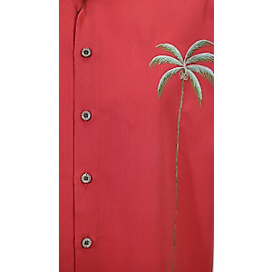 Bamboo Cay Men's Single Palm Tropical Style Embroidered Camp Shirt (Large, Tomato)