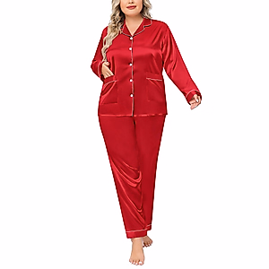 SWOMOG Women Plus Size Long Sleeve Pajamas Silk Satin Pajama Sets Button Down Sleepwear Pjs Loungewear with Pockets Red Apple
