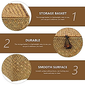 Woven Storage Basket Woven Wicker Storage Bins with Lid Seagrass Shelf Basket Rectangular Rattan Storage Basket Makeup Organizer Box for Toilet Paper Laundry Kids Snack Containers