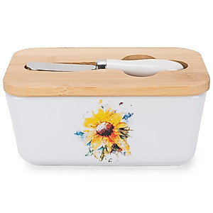 Nat & Jules Dean Crouser Ceramic Stoneware 1/2 Pound, 2 Sticks Butter Dish with Airtight Bamboo Lid & Knife, Kitchen Container Holder Refrigerator Storage Countertop Organization, Watercolor Sunflower