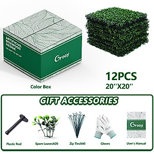 Grooy 12PCS Boxwood Panels, 20"x20" Grass Wall, Plant Wall, Grass Backdrop Wall, Privacy Screen, Sun Protected Green Wall Decor Outdoor, Indoor, Garden, Backyard and Décor