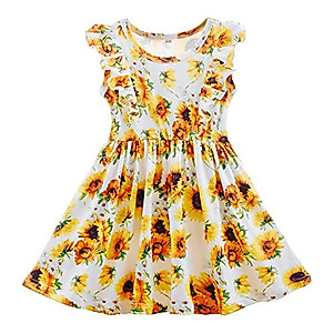 Little Girls Summer Dress Toddler Yellow Sunflower Dresses Ruffled Sleeveless Floral Sundress Baby Boho Holiday Beach Dress Size 6T/1476