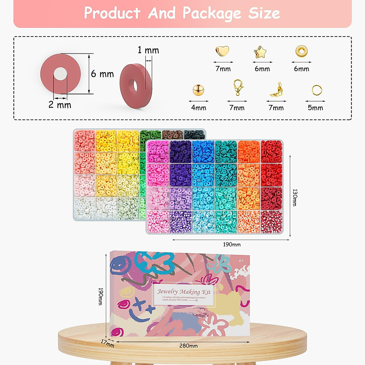 Velavior 7000 Pcs Clay Beads for Bracelet Making Kit, 2 Boxes 48 Colors Friendship Bracelet Kit Polymer Clay Heishi Beads with Star Round Heart Spacer Gold Bead DIY Crafts Gift Set for Kids Teens