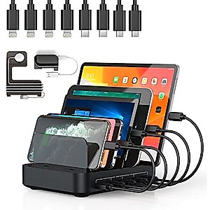 Charging Station for Multiple Devices, 5 in 1 Multi USB Charger Station with iWatch & Airpod Stand and 8 Mixed Short Cables, 50W Charging Dock Compatible with iPhone, iPad, Cell Phone, Tablets
