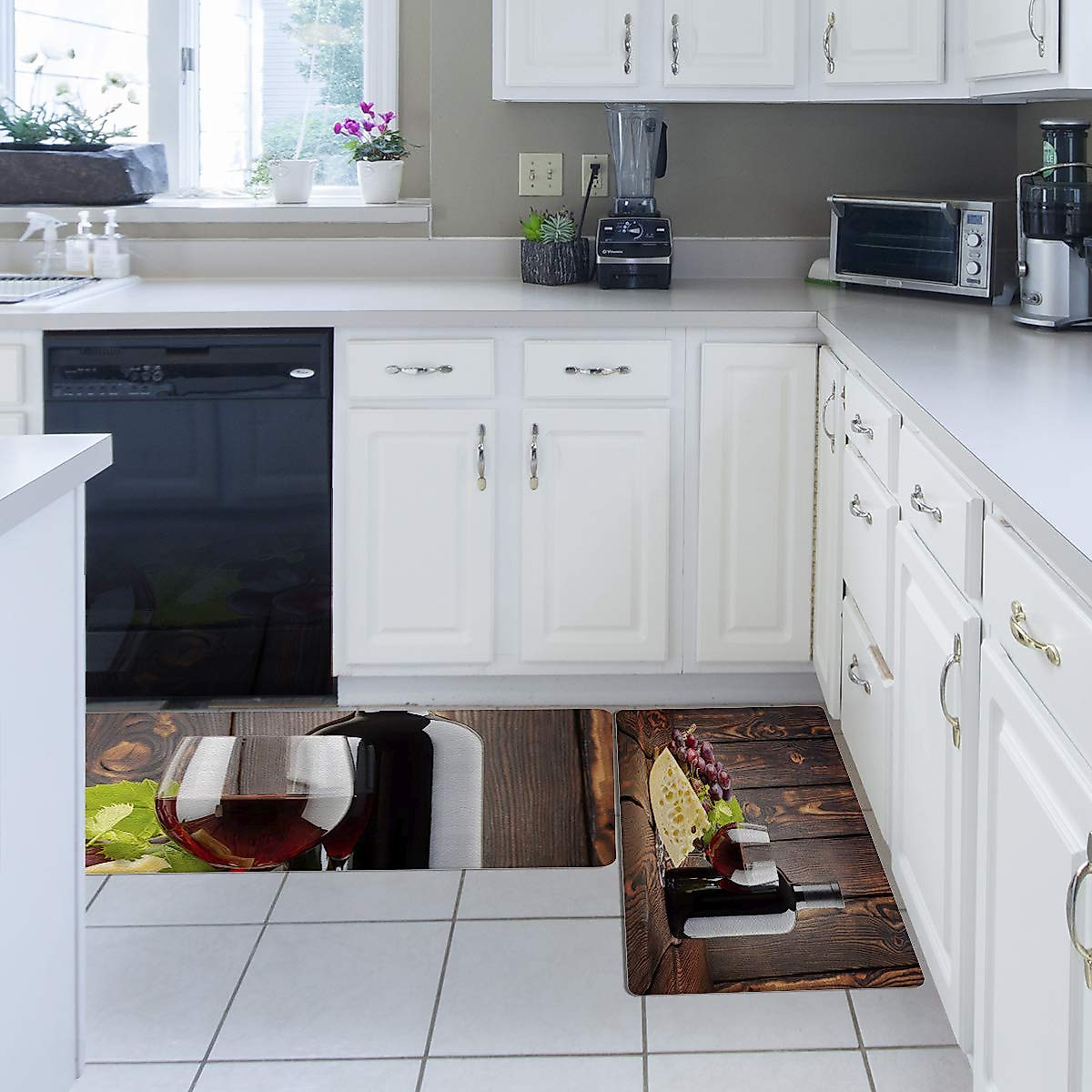 Kitchen Rug Set 2 Piece, Wine Kitchen Floor Mats Waterproof & Non-Slip PVC Leather Anti Fatigue Comfort Standing Mat Washable Kitchen Rugs Runner, Red Wine Grape Cheese Brown Vintage Wood Grain