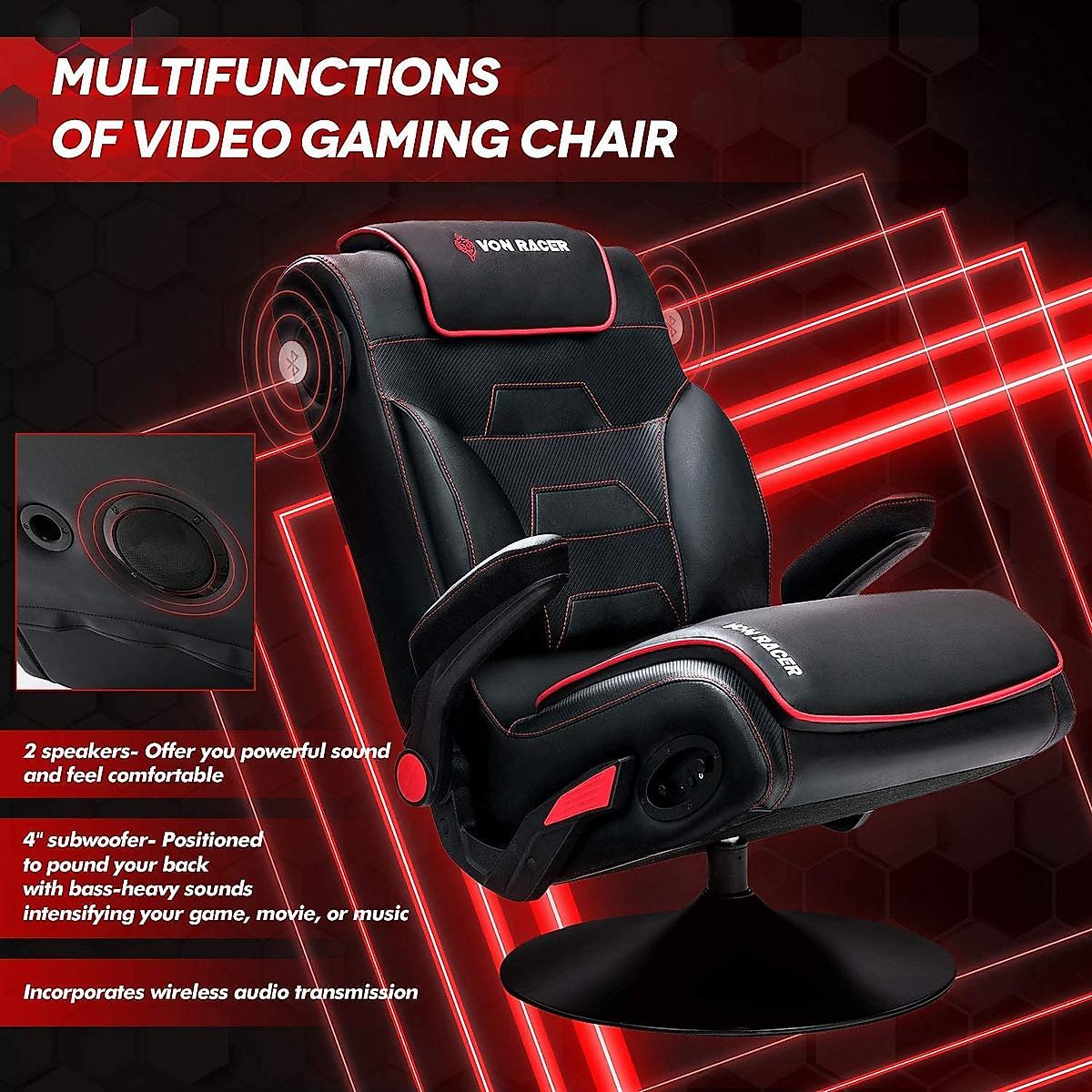 VON RACER Video Game Chair with Speakers, 2.1 Audio Foldable Floor Gaming Chair, Pedestal PC Chair 2 Speakers and 4” Subwoofer