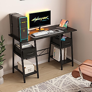 YAOHUOO 47 Inch Computer Desk with 2 Wooden Drawers/Power Outlet/USB Charging Port, Home Office Desks with Storage Shelves for Bedroom,Modern Writing Desk,Work Desk,Study Table(Black)