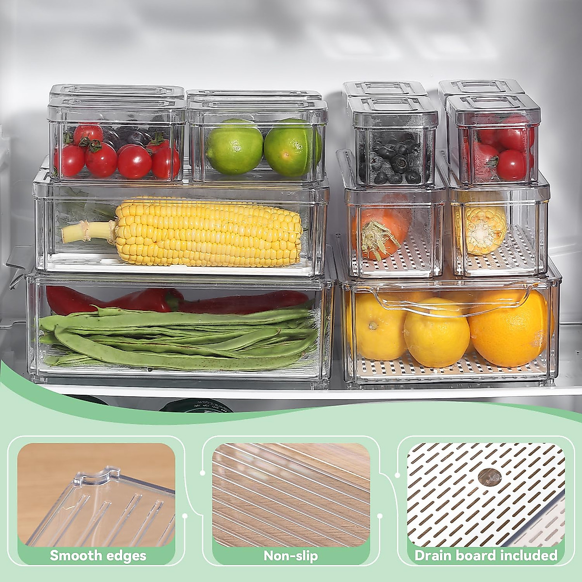 novelinks 14 Pack Fridge Organizer Bins Clear Stackable Fridge Organizer Bins With Lids Vegetable & Fruit Organizer Clear Pantry Organizer Bins (14)