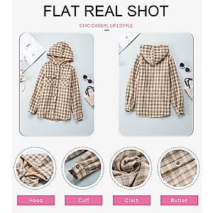 Dokotoo Shacket Jacket Women Fashion Plaid Oversized Hooded Long Sleeve Flannel Shirts Button Down Sherpa Coats Pocketed Casual Winter Fall 2024 Thick Fleece Lined Oversized Outerwear Khaki S