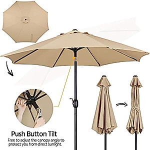 Yaheetech 9FT Garden Table Umbrella with 30lb Base, Patio Market Umbrella with Push Button Tilt, Crank and 8 Sturdy Ribs, Outdoor Umbrella w/Base Included Heavy Duty - Tan