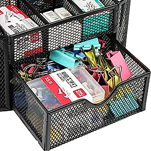 MONBLA Desk Supplies Organizer Multi-functional Stationery Caddy Mesh Oval Pencil Holder Desk Office Supplies Organizer 9 Compartments with Drawer for Note Pads Black