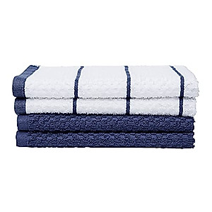 Amazon Basics 100% Cotton, Soft & Absorbent, Popcorn Texture Terry Kitchen Dish Towels, 28"L x 16"W, Navy Stripe, Pack of 4