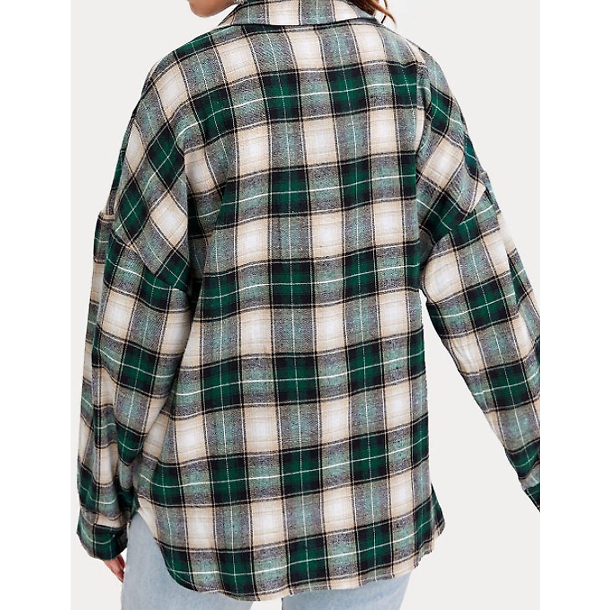 Lumister Womens' Spring Oversized Flannel Plaid Shirt Long Sleeve Drop Shoulder Lapel Button Down Shirt Blouse Tops(0075-Olive-L)