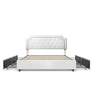 BONSOIR Queen Size Storage Bed Frame Upholstered Low Profile Traditional Platform with Tufted and Nail Headboard/4 Pull Out Drawers/White Faux Leather